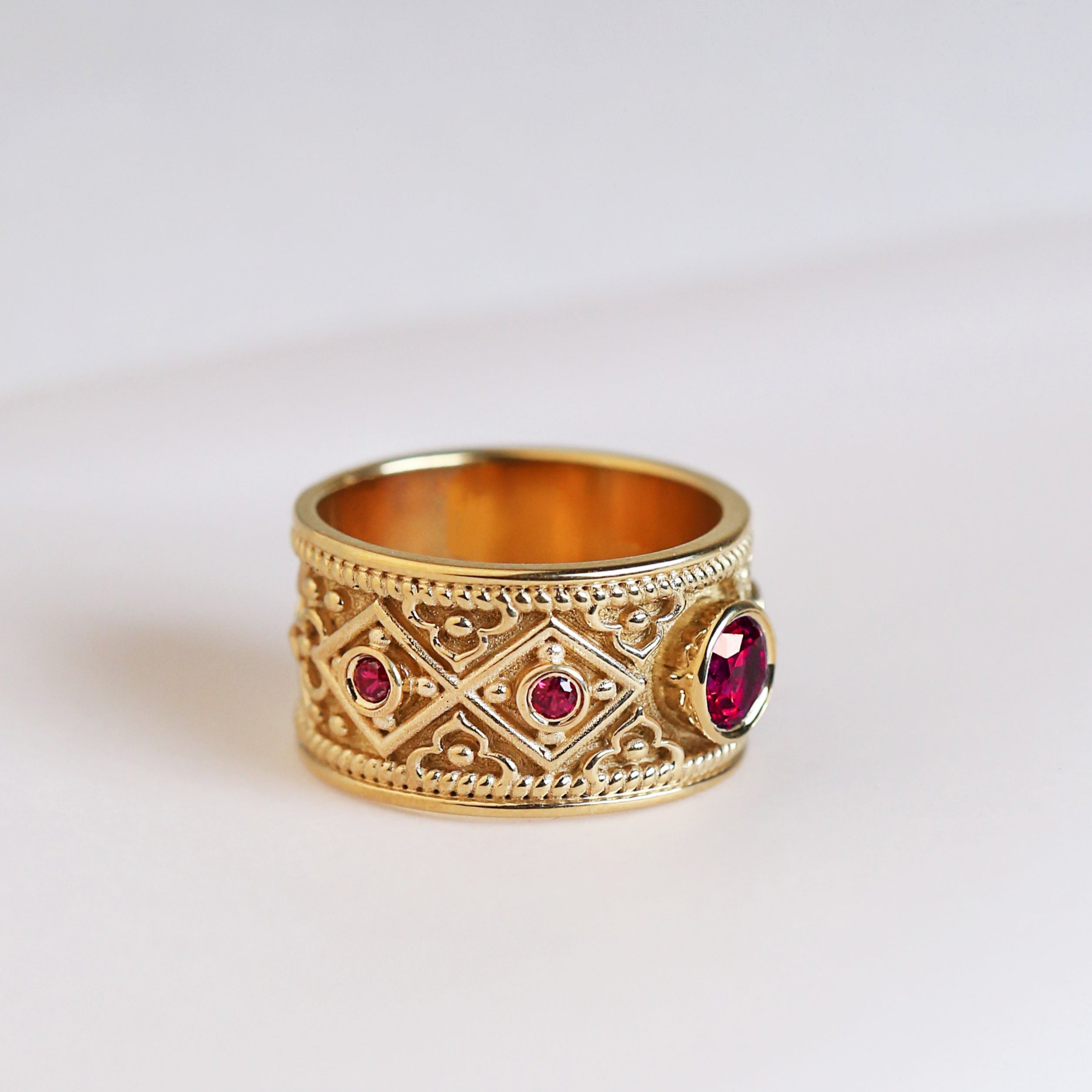 Red Ruby Gemstone Byzantine Gold Ring For Men/Women | Danelian Jewelry