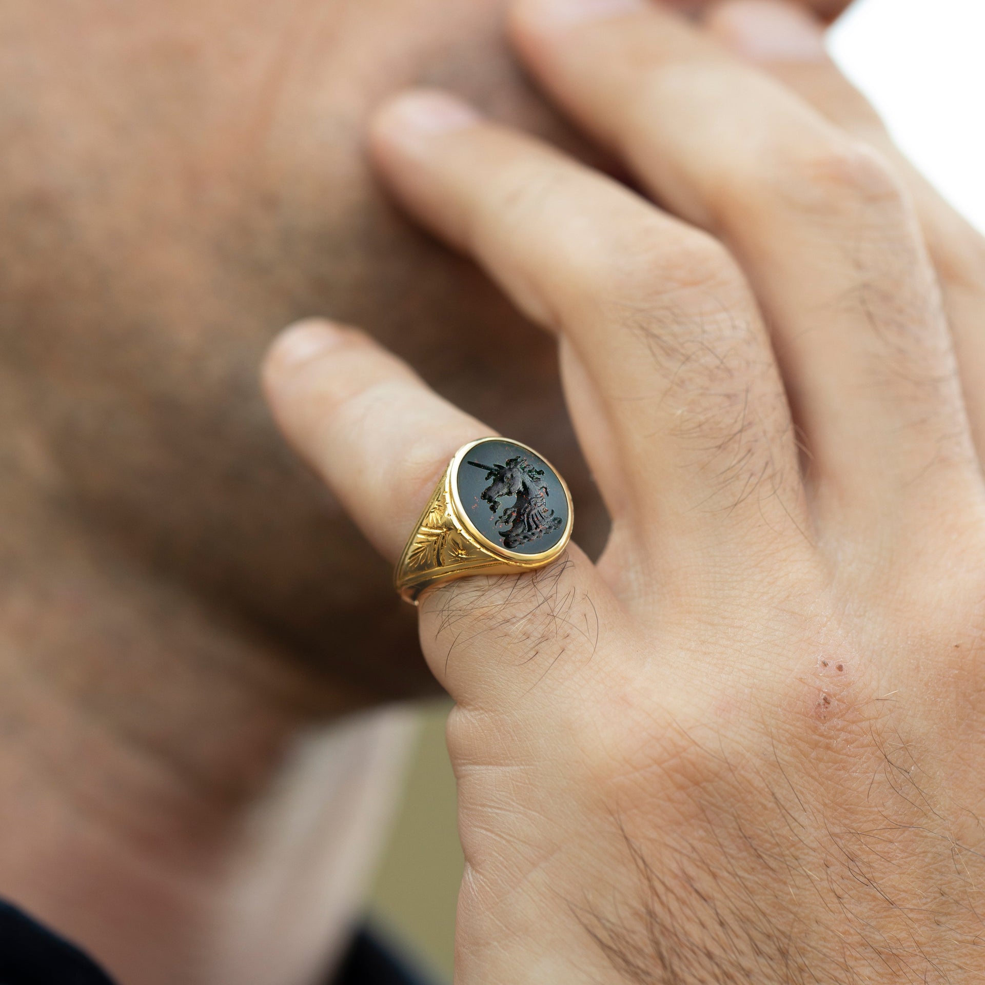 Bloodstone Moon Coat Of Arms Signet Ring For Men- Danelian Jewelry