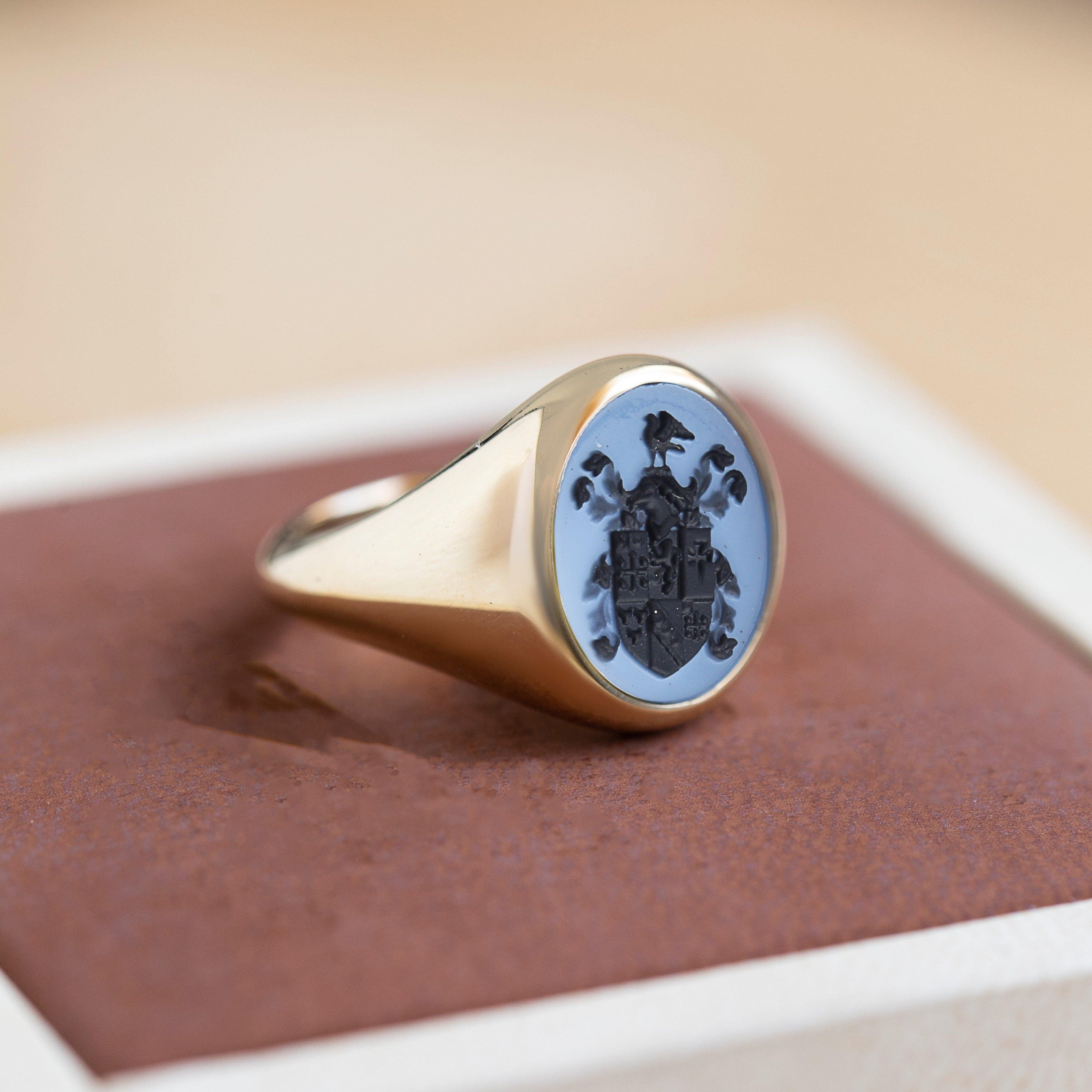 Blue Agate Moon Coat Of Arms Signet Ring For Men- Danelian Jewelry
