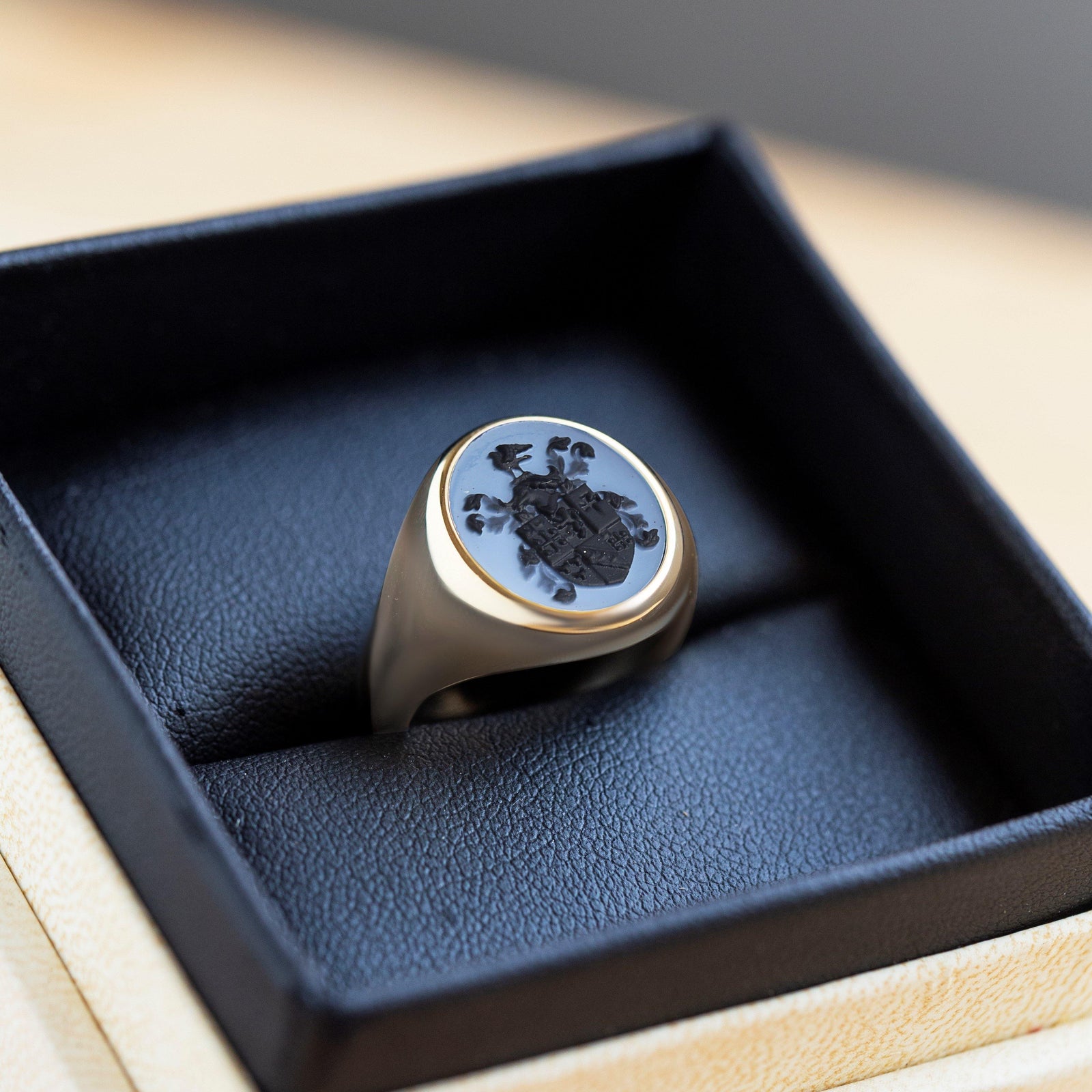 Blue Agate Moon Coat Of Arms Signet Ring For Men- Danelian Jewelry