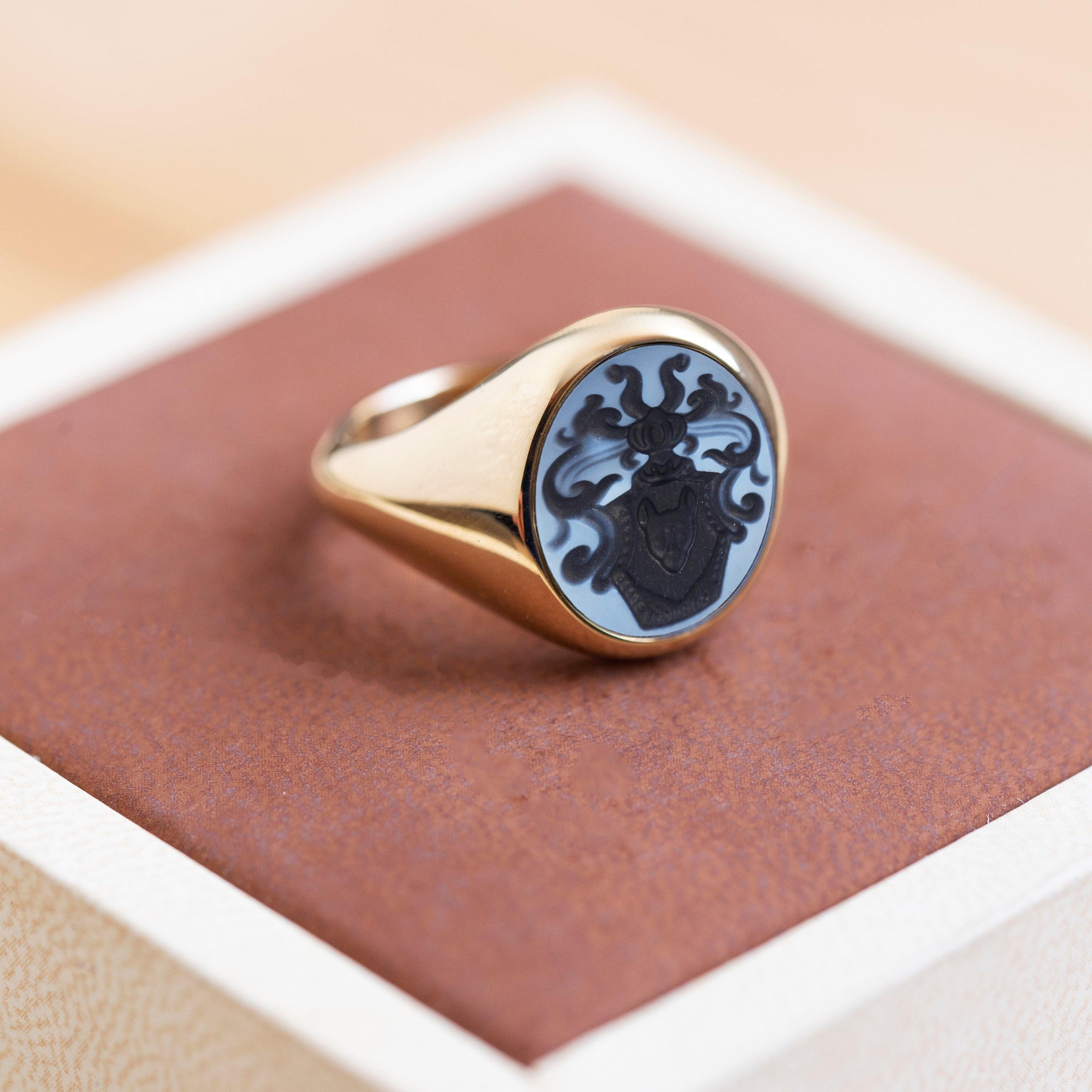 Blue & Black Agate Coat Of Arms Signet Ring For Men- Danelian Jewelry