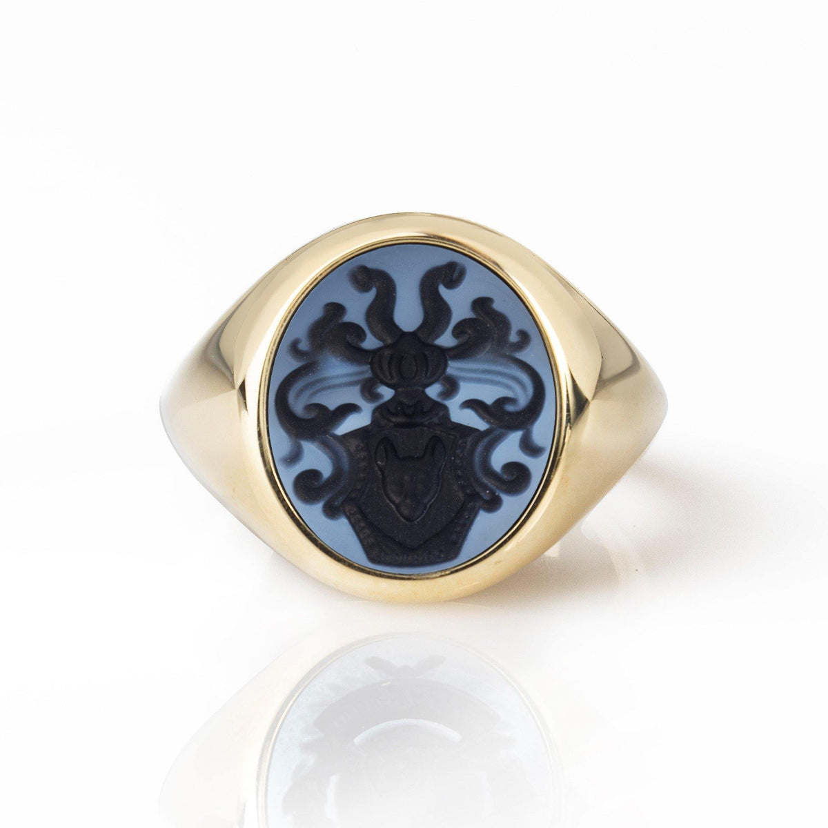 Blue & Black Agate Coat Of Arms Signet Ring For Men- Danelian Jewelry